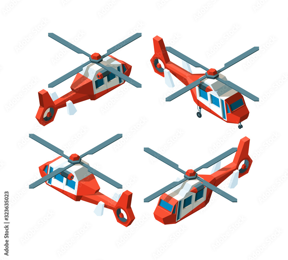 Helicopter isometric. Low poly avia transport different point views ...