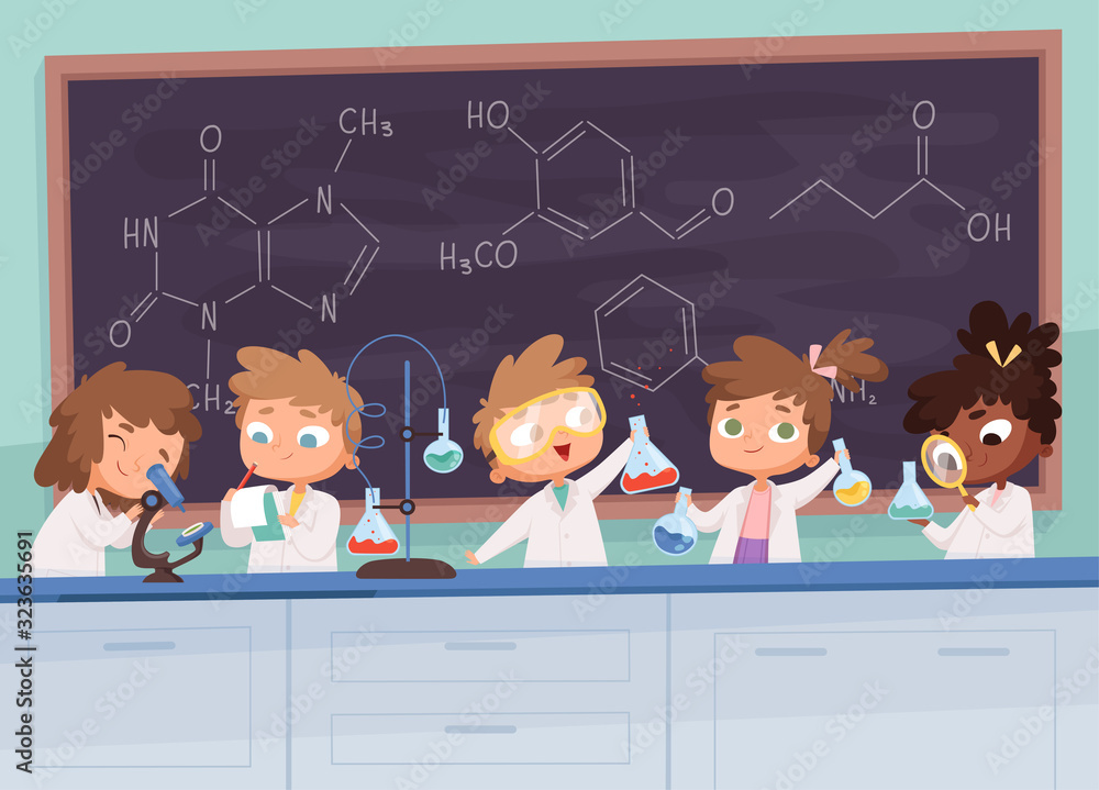 Chemistry lab. Science boy and girls teenager learning research ...