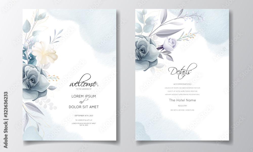 Navy blue floral wedding invitation card template with golden leaves ...