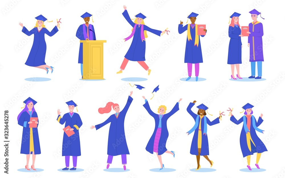 School or college graduation students set isolated on white background ...