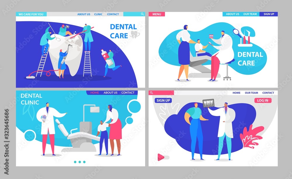 Dentist doctor visit landing pages set with patients in dental clinic ...