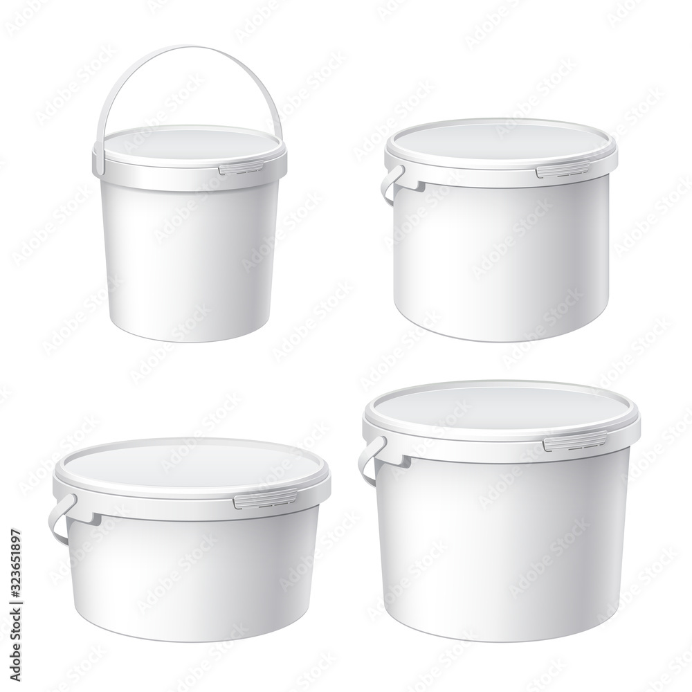Mockup for design. White plastic buckets. A small large and medium ...