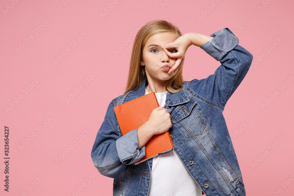 Pretty little kid girl 12-13 years old in denim jacket isolated on ...