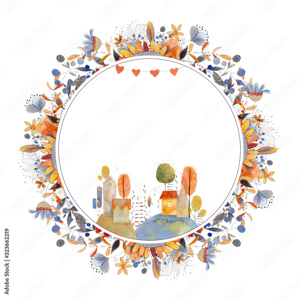 Watercolor summer and spring circle frame with a house on the hill with ...