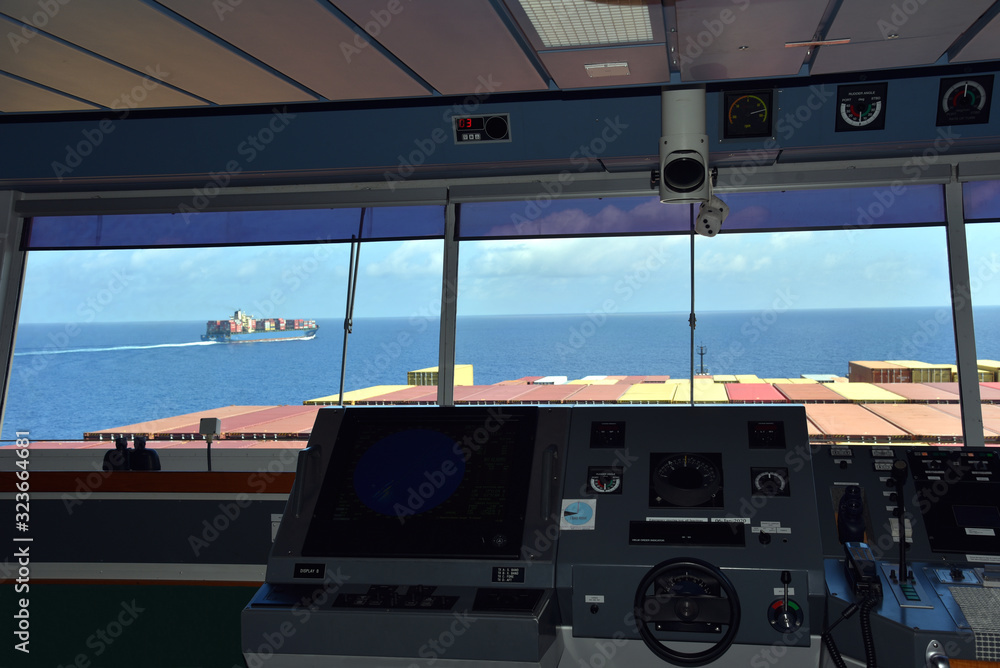 Foto Stock View of the control console with steering wheel, on the ...