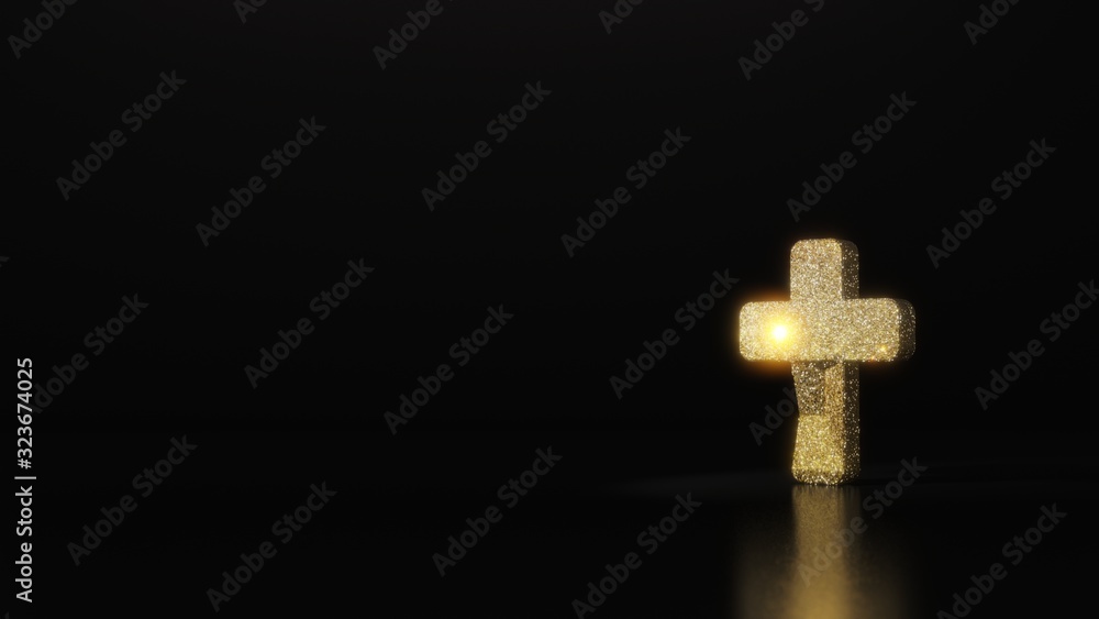 science glitter gold glitter symbol of cross 3D rendering on dark black ...