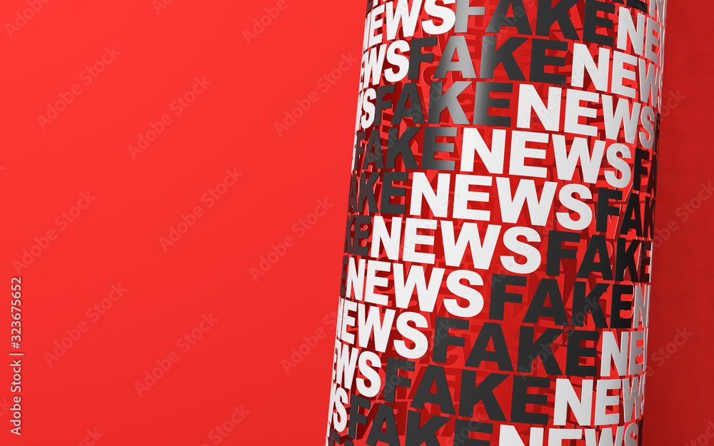 White tube made of fake news letters on the red background with copy ...