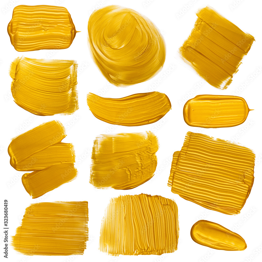 Gold paint brush strokes smugdes set. Golden metallic foil color ...