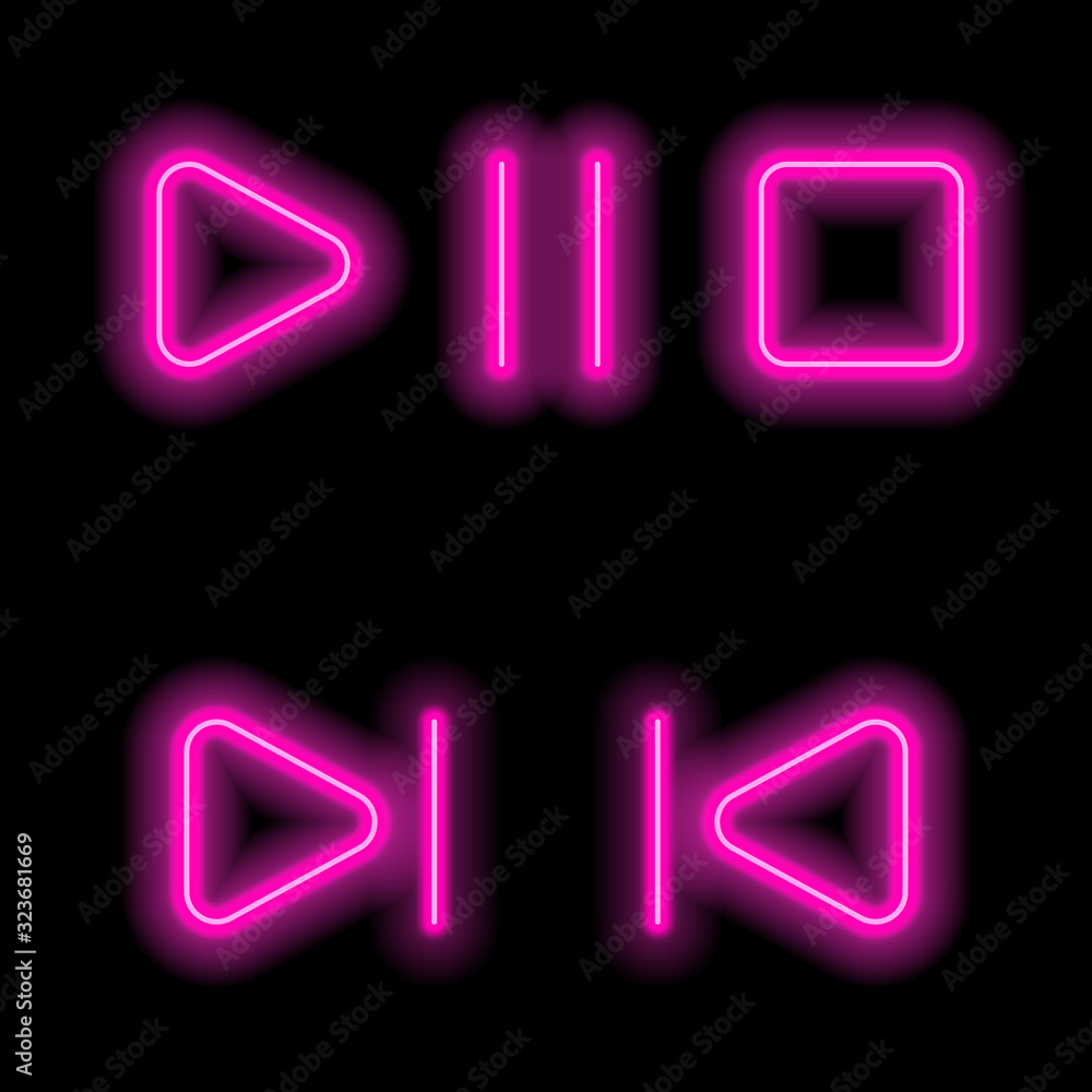 Set of neon media buttons - play, pause, stop, rewind. Vector ...