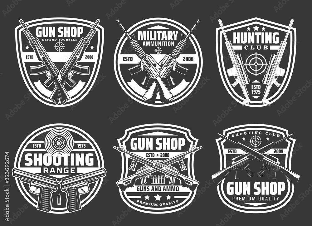 Guns and ammo shop, hunting sport club and shooting range vector badges ...
