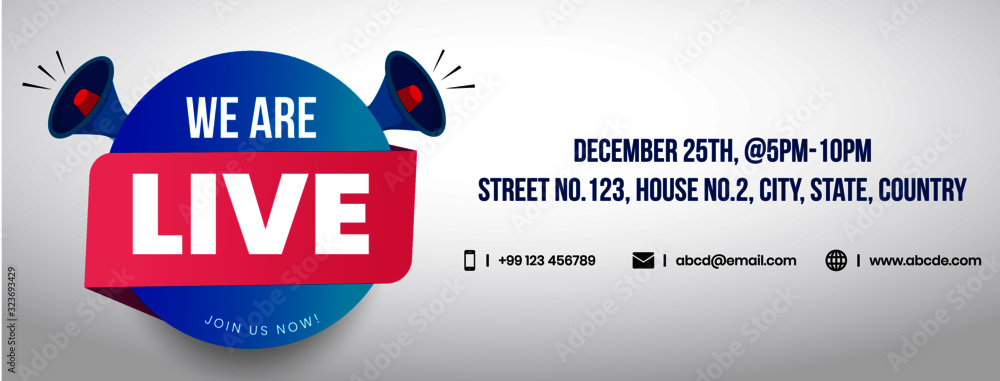 We are live join us facebook cover with two blue megaphone speakers in ...