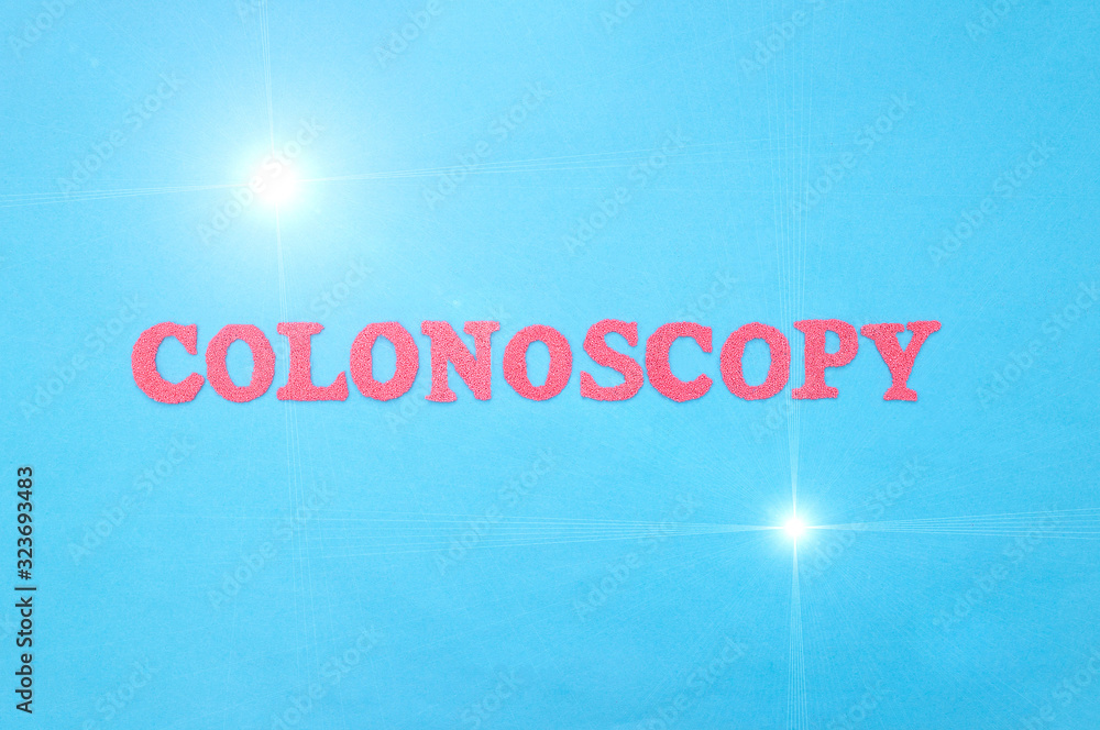 The word colonoscopy in red letters on a blue background. The concept ...