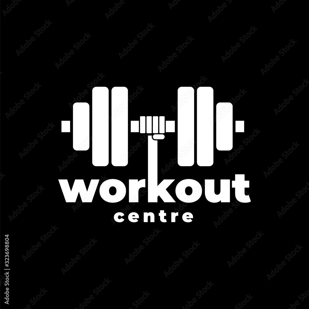 White dumbbell gym logo in black background. Gym and workout sign or ...