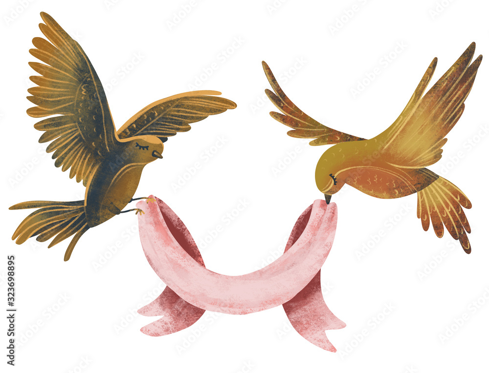 Raster illustration of two flying birds. Birds hold the ribbon ...