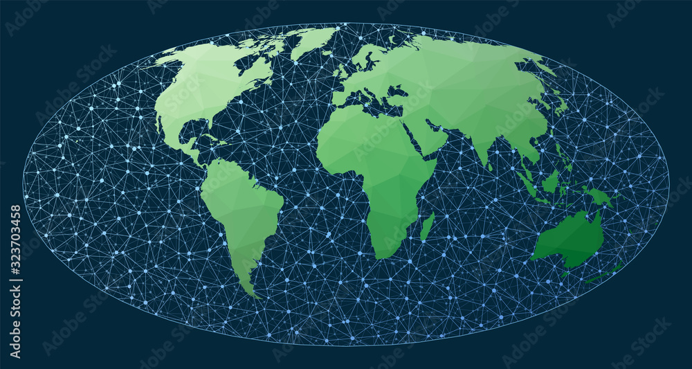 Abstract map of world network. Mollweide projection. Green low poly ...