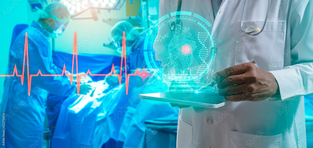 Doctor with virtual reality in operation room in hospital.Surgeon ...