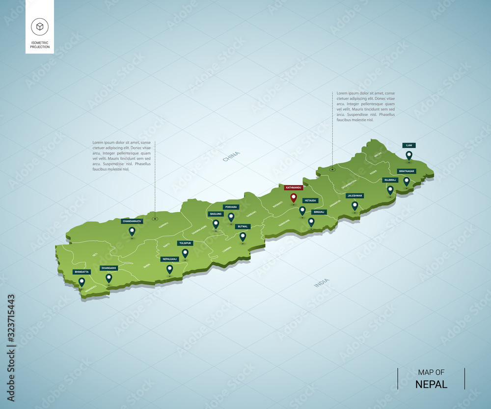 Stylized map of Nepal. Isometric 3D green map with cities, borders ...
