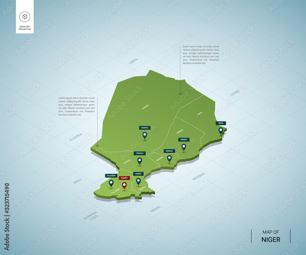 Stylized map of Niger. Isometric 3D green map with cities, borders ...