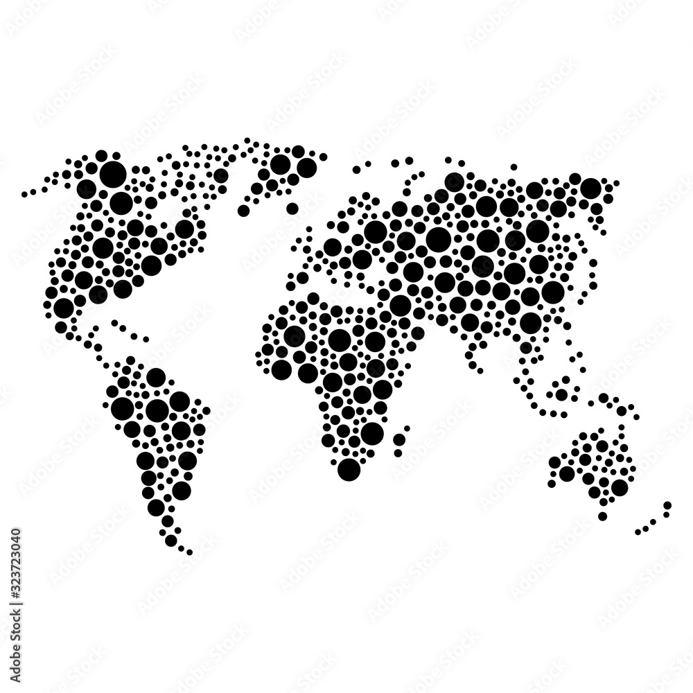 World map from black circles of different diameters or spots, blotches ...