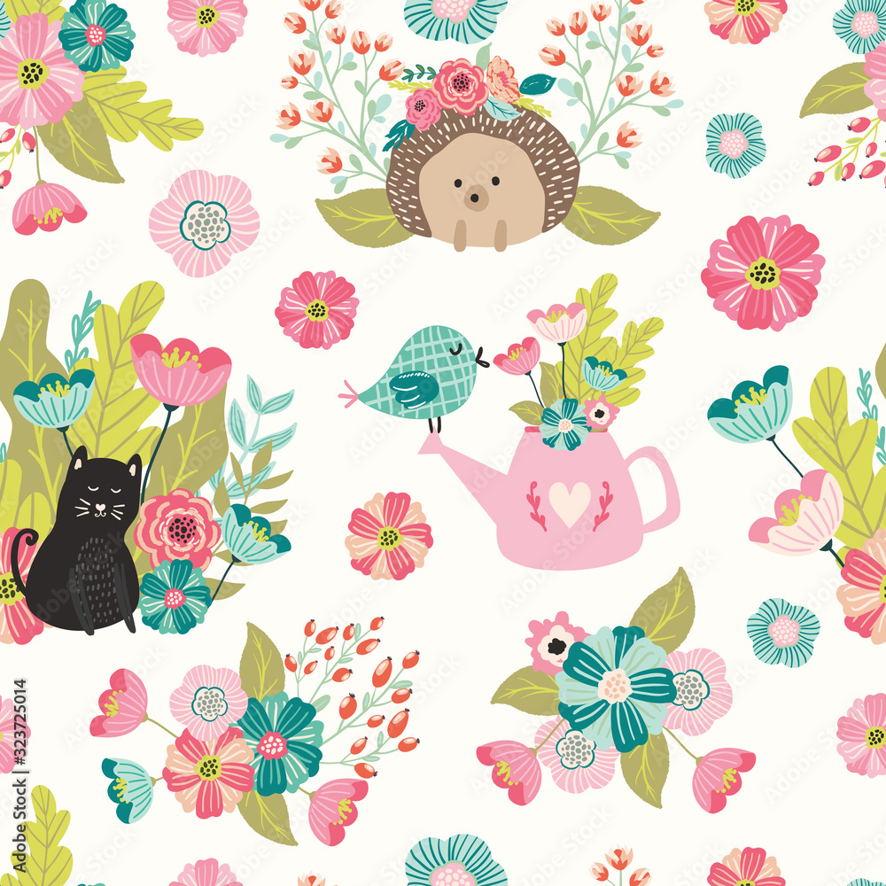 Seamless pattern with spring flowers, animals, butterflies, birds for ...