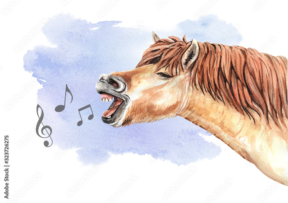 Watercolor Horse. Horse singing with music note hand drawn layer path ...