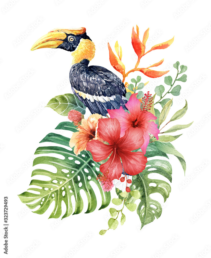 Watercolor tropical Great hornbill in Hibiscus bouquet Elements layer path, di-cut alpha path ...