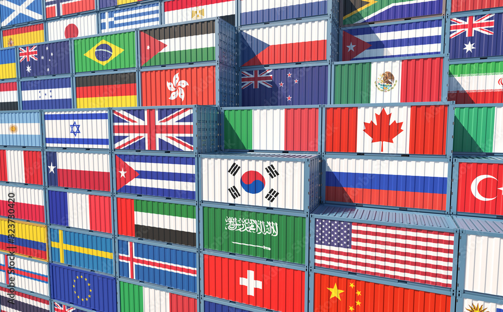 Container Terminal - Freight container with different national flag ...