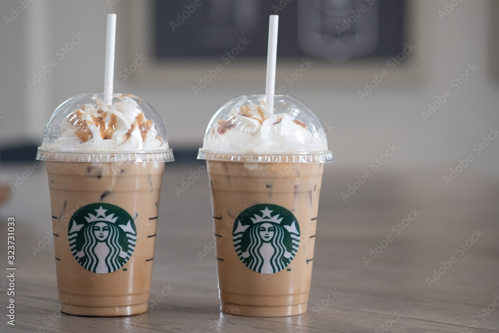 Bangkok, Thailand - February 17, 2020: Two cup of Starbucks ice coffee ...