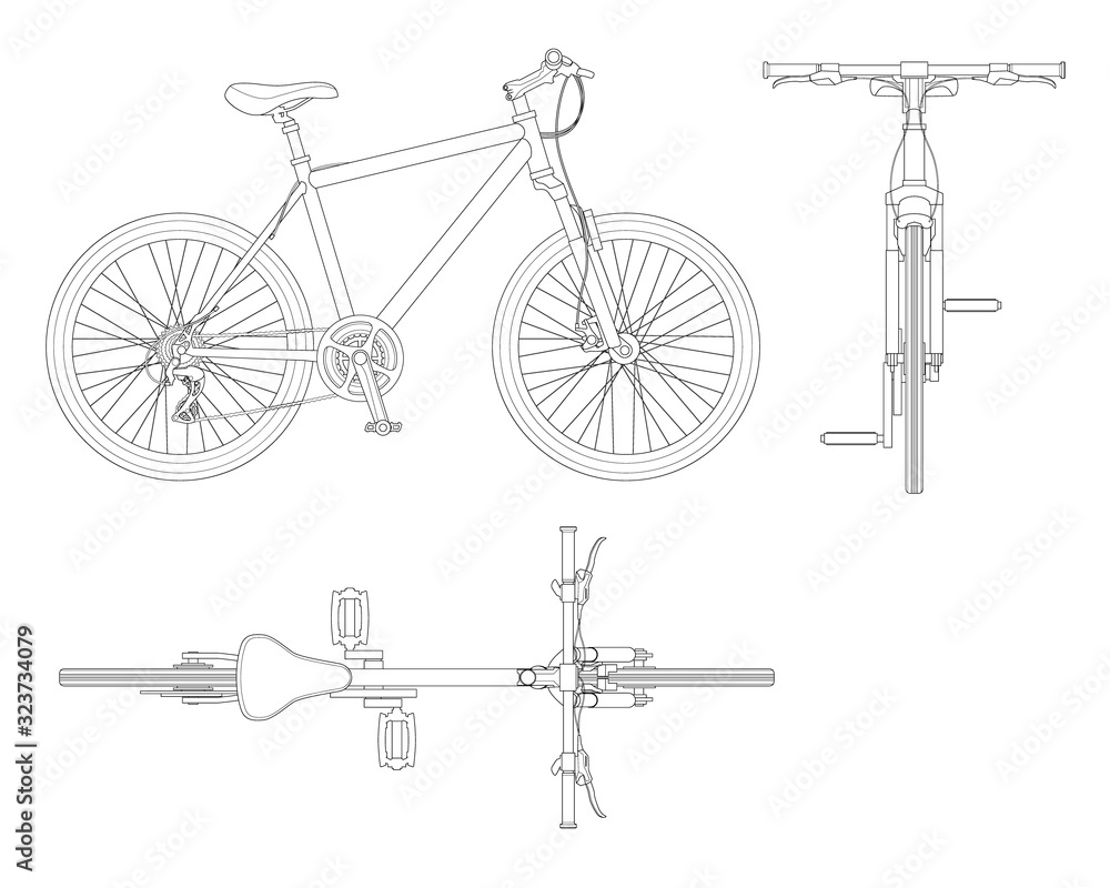 Flat outline cycling side view, back and top view isolated on white ...