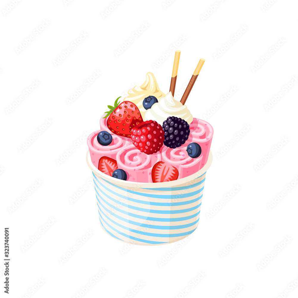 Basket of stir fried pink ice cream rolls under whipped cream decorated ...