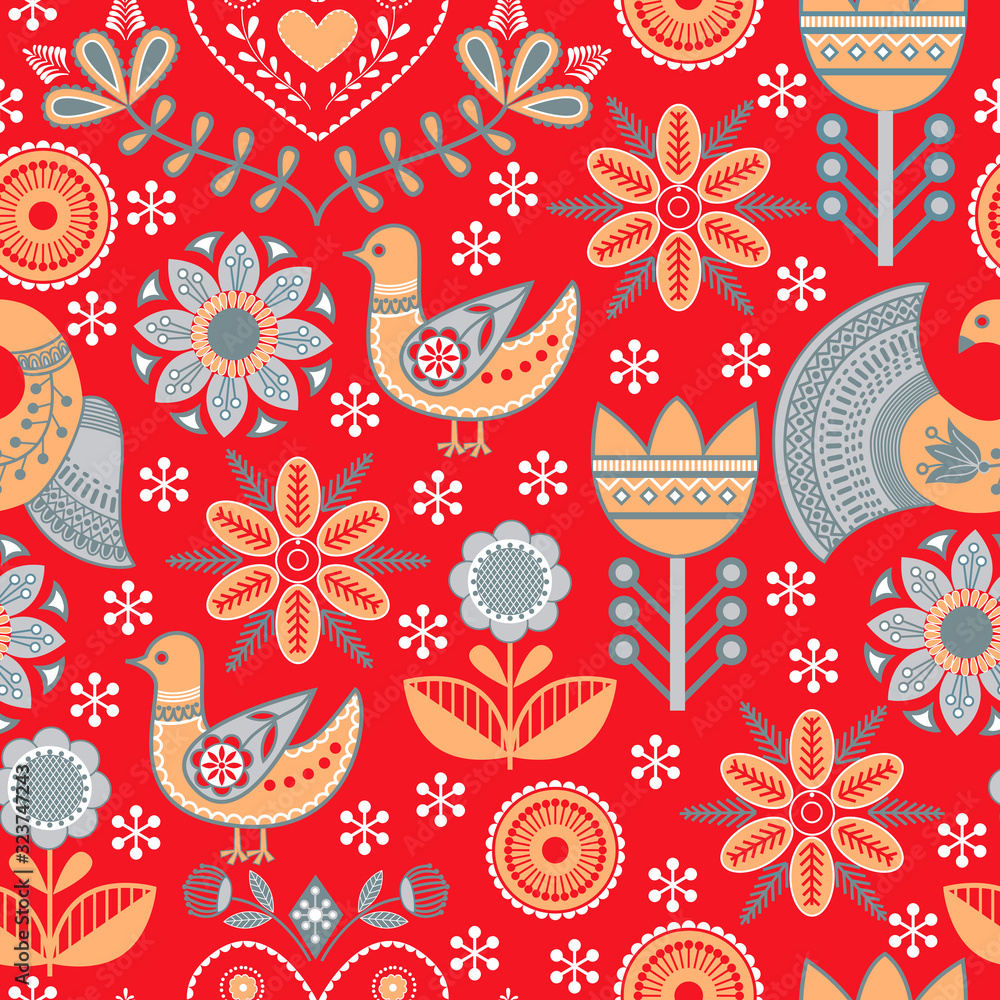 Folk seamless pattern with birds and flowers. Floral ornament. Endless ...