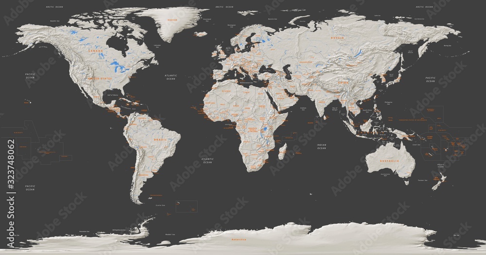 world map with capitals and descriptions on a dark background Stock ...