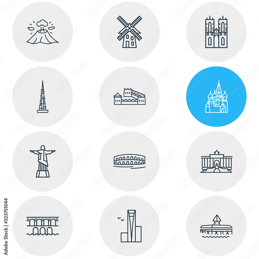 Vector illustration of 12 culture icons line style. Editable set of ...