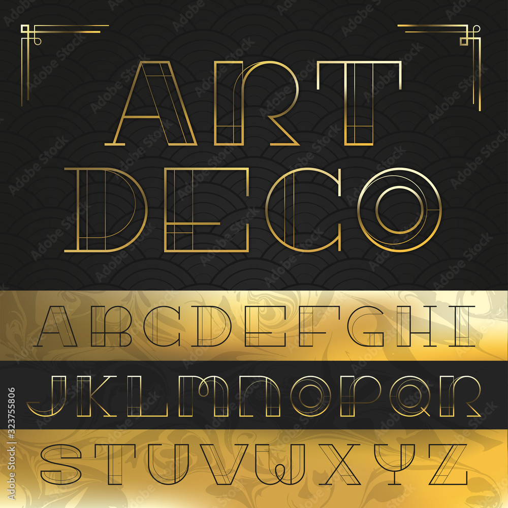Vetor de Art Deco Font with 20’s style design kit. Includes unique Art ...