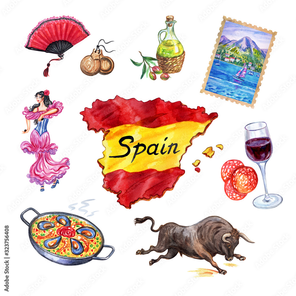 Map of Spain and its symbols: flamenco, paella, olive oil, wine, snacks ...