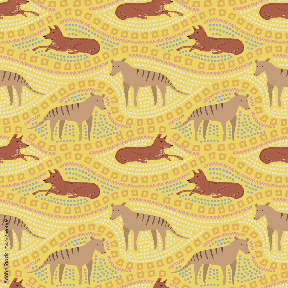 Seamless pattern of dingo dog and tasmanian wolf with ethnic ornament ...