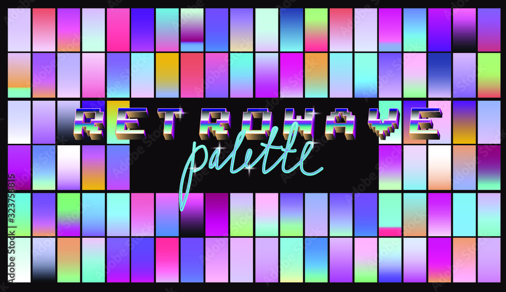 Set of duotone and holographic swatches for trendy coloring. Retrowave ...