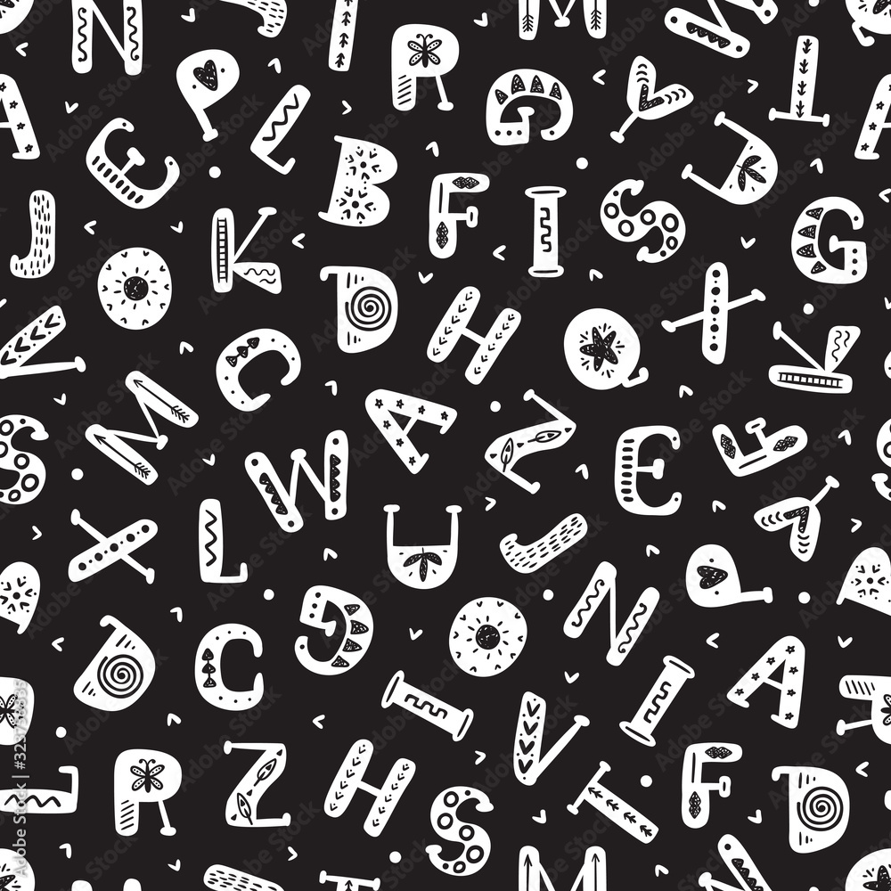 Alphabet Vector Seamless pattern in Scandinavian style. Latin alphabet background. Hand Drawn ...