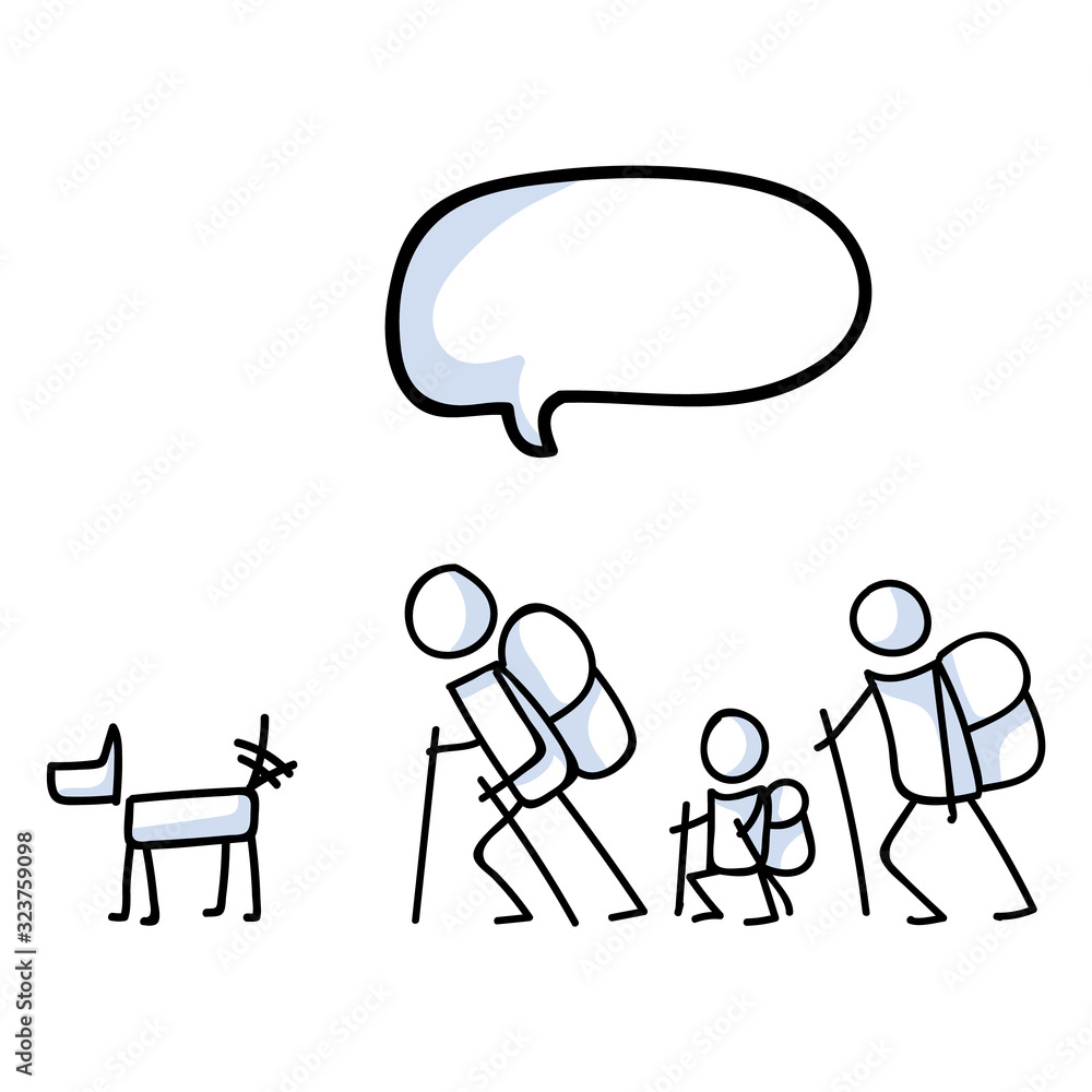 Hiking stick figure line art icon speech bubble. Carrying backpack ...