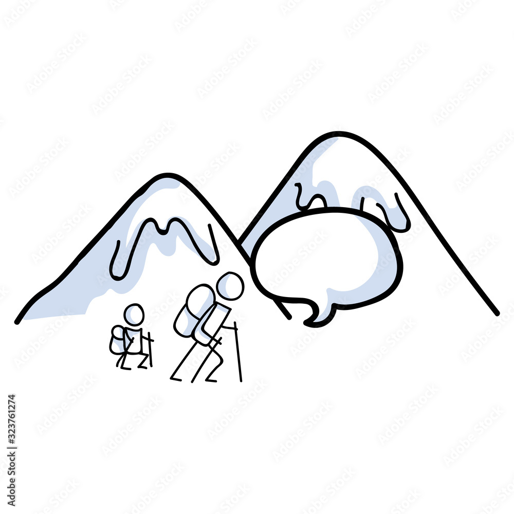 Hiking stick figure line art icon with speech bubble. Carrying backpack ...