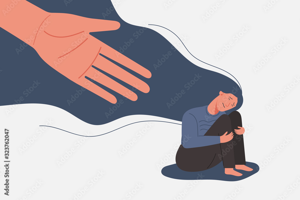 human helps sad and unhappy young woman in depression sitting on her ...