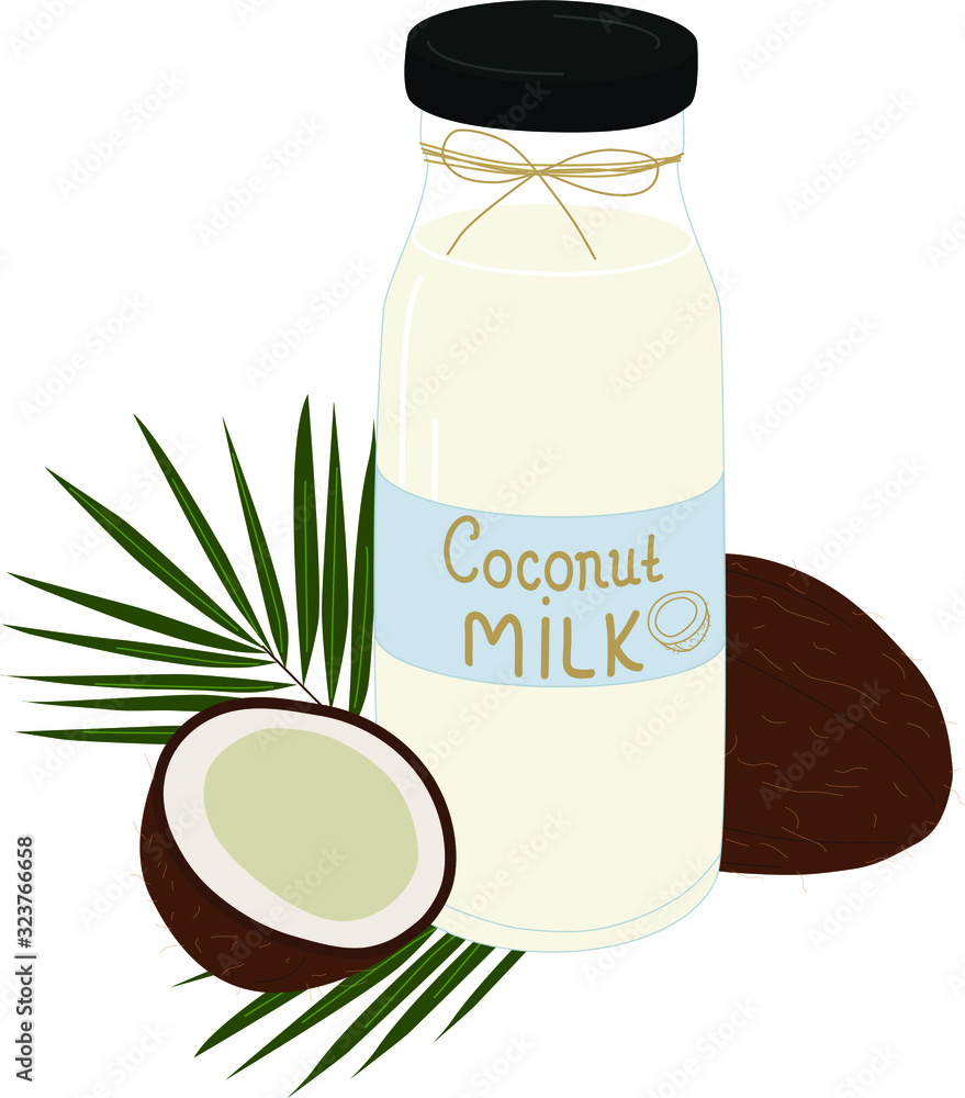 Coconut milk in glass jar isolated on white background. Plant based non ...