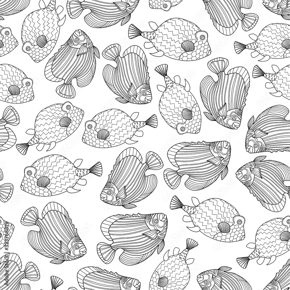 Seamless pattern with decorative fish in doodle style isolated on white ...