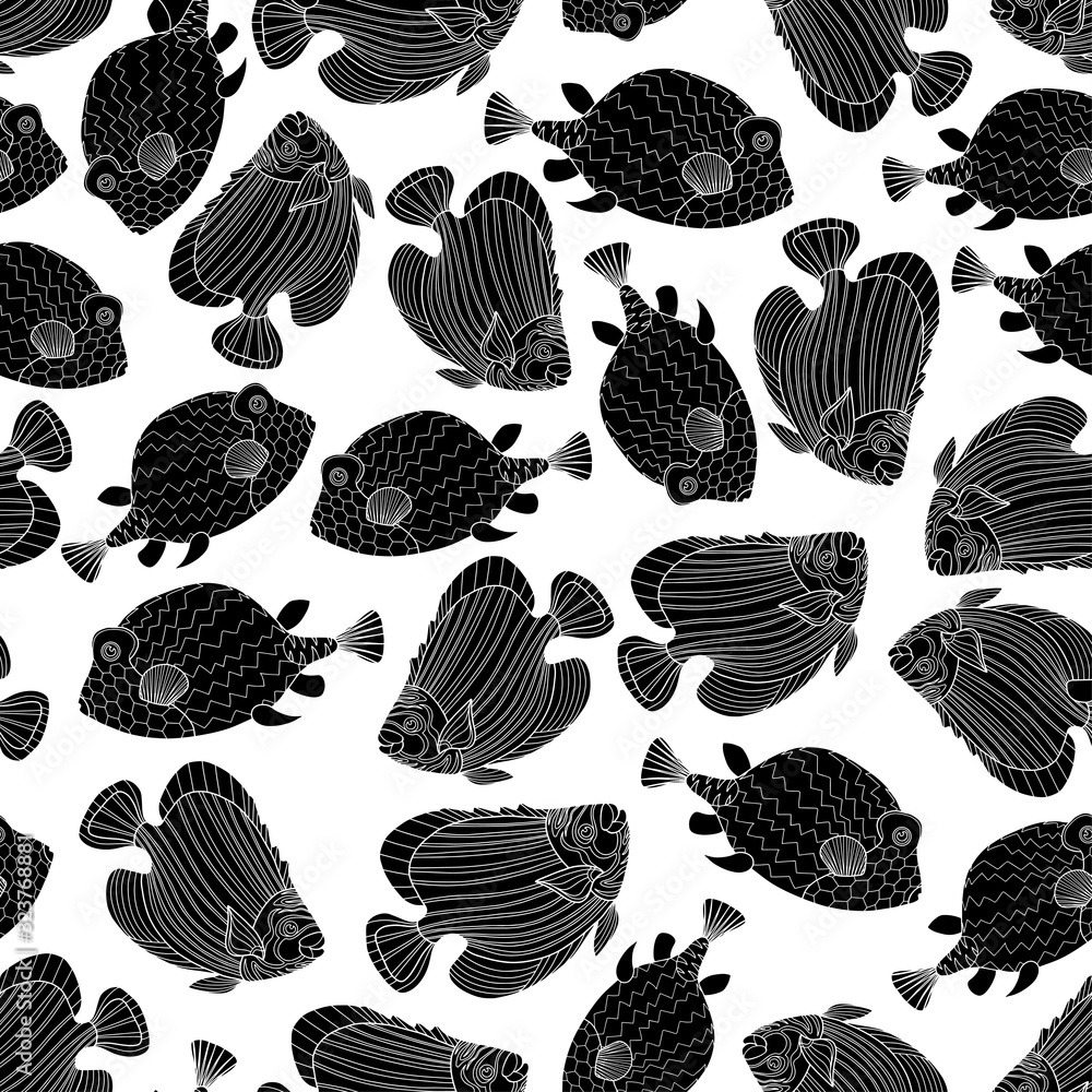 Seamless pattern with black fish in doodle style isolated on white ...