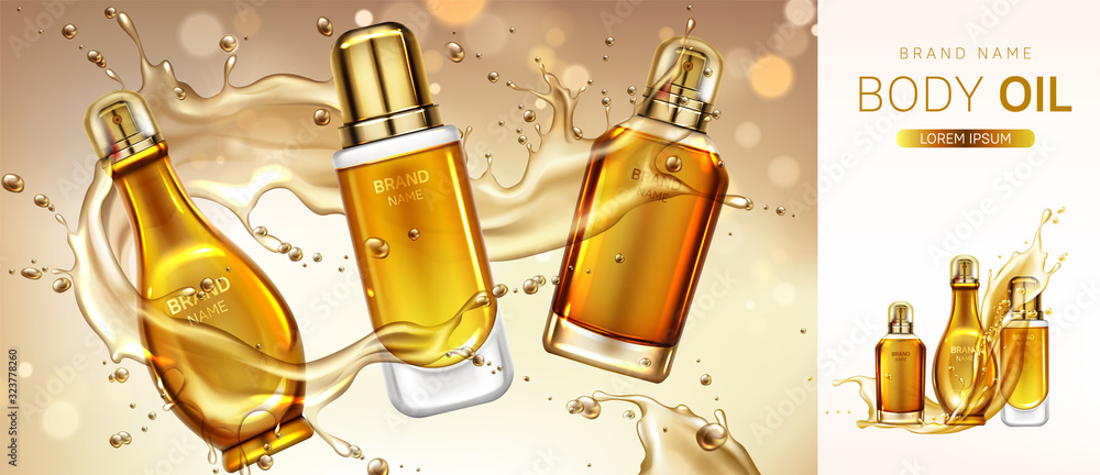 Body oil cosmetics bottles mockup banner. Beauty cosmetic product line ...
