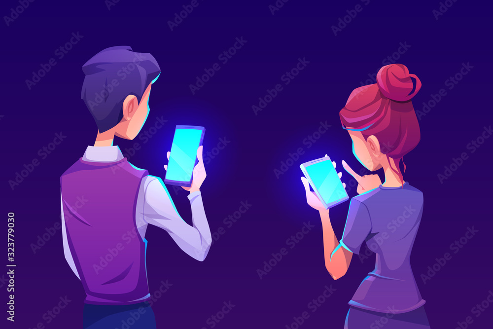 People using smartphone app. Man and woman hold mobile phone with shiny ...