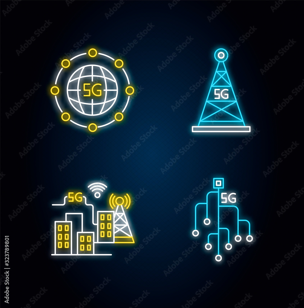 5G wireless technology neon light icons set. Smart city. Microchip ...