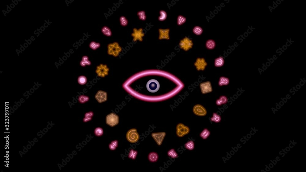 Spinning , rotating ring of magical symbols . Sacred geomettr with ...
