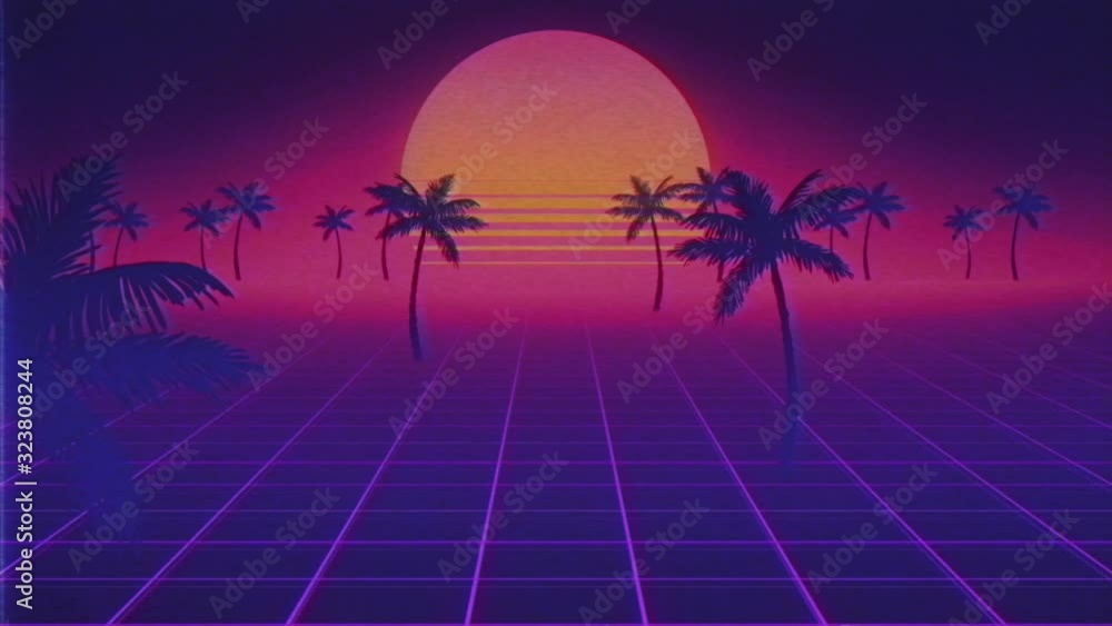 Camera moves along the synthwave wireframe net. Palm trees appearing ...