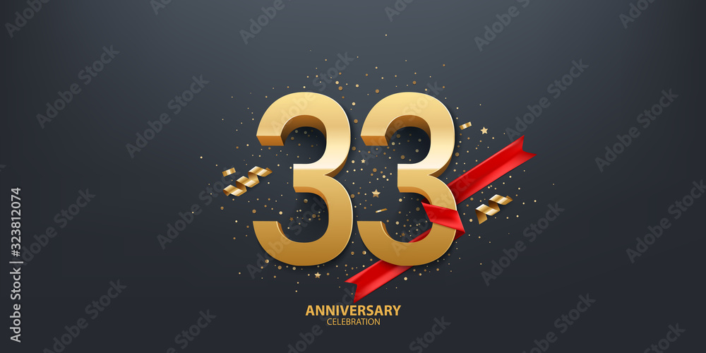 33rd Year anniversary celebration background. 3D Golden number wrapped ...